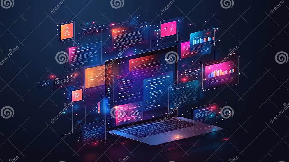 Futuristic Laptop with Vibrant Holographic Code and Data Visuals Stock ...