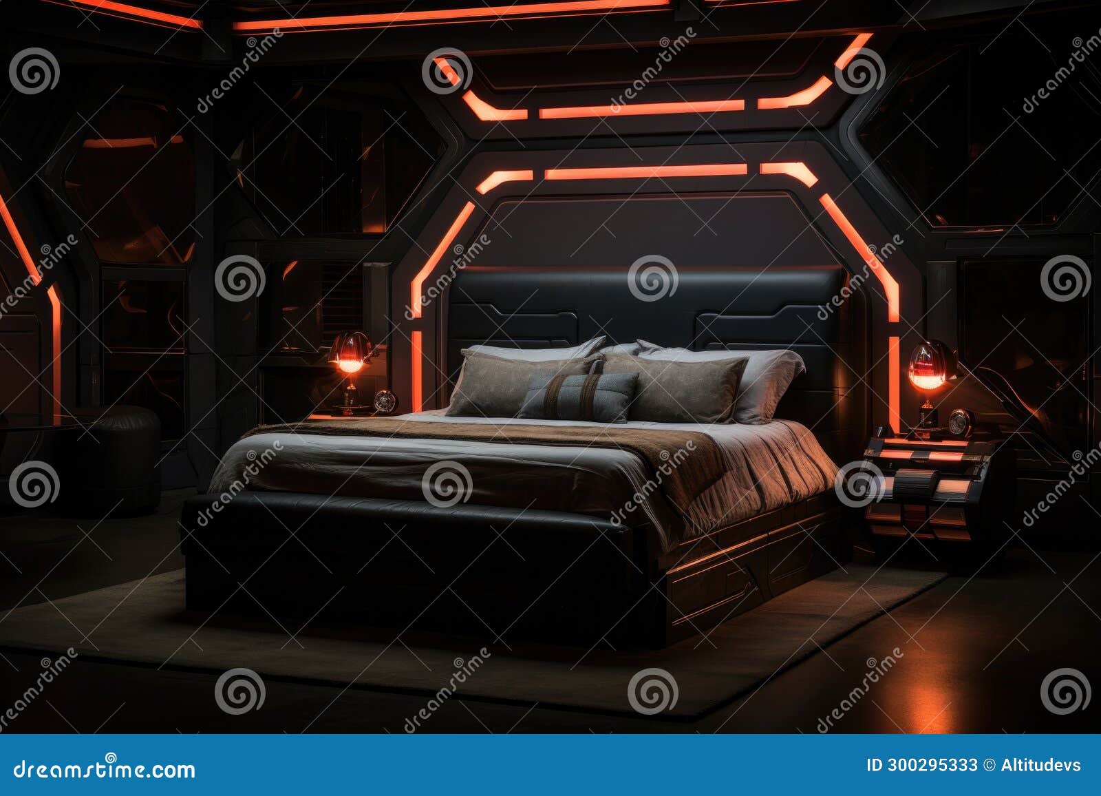 A Futuristic Led-lit Bed in a Dark Bedroom Stock Image - Image of ...