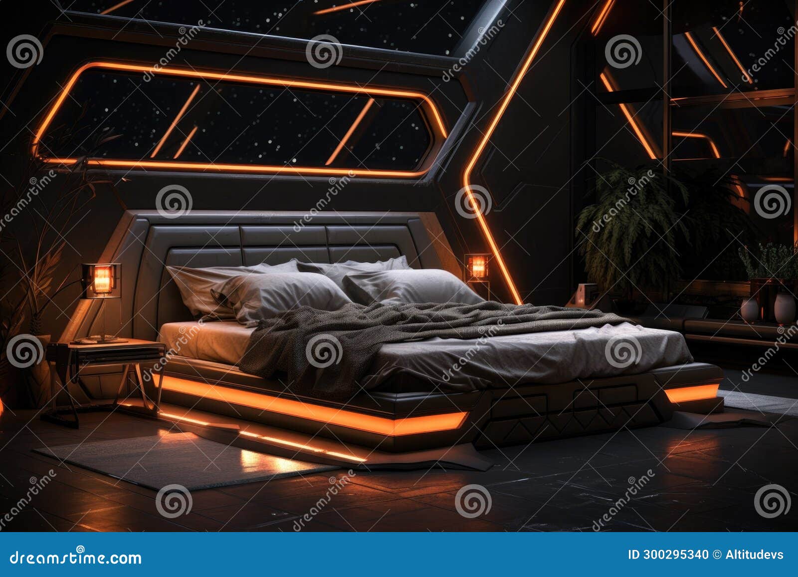 A Futuristic Led-lit Bed in a Dark Bedroom Stock Photo - Image of ...
