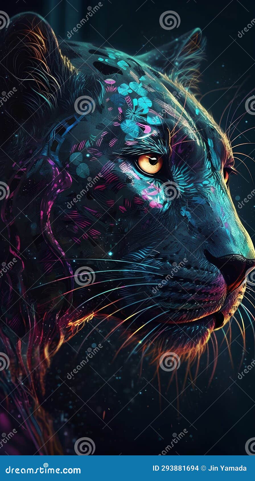 Futuristic Leopard Portrait with Colorful Neon Lights. 3D Rendering ...