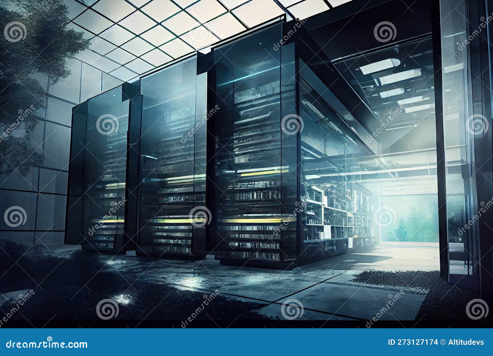 Futuristic Library Data Center, with Glass Walls and Open Floor Plan ...