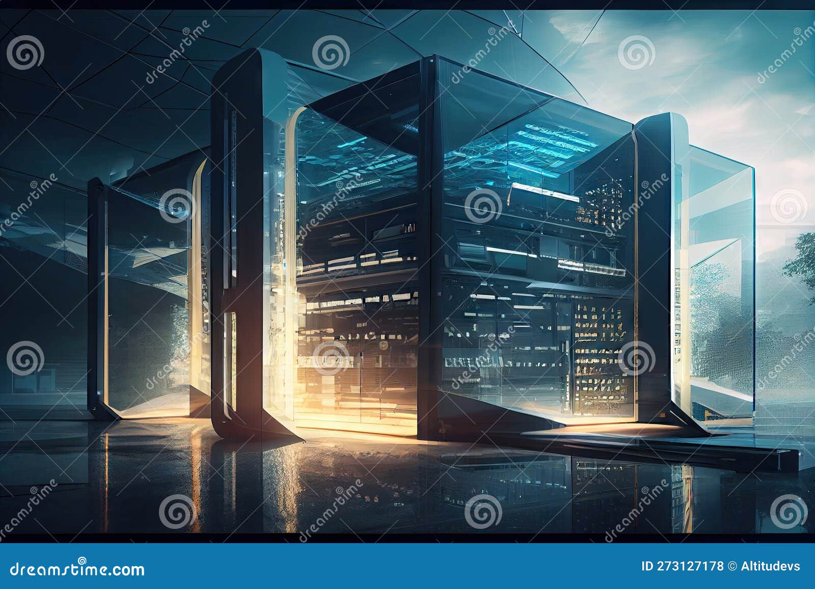 Futuristic Library Data Center, with Glass Walls and Open Floor Plan ...