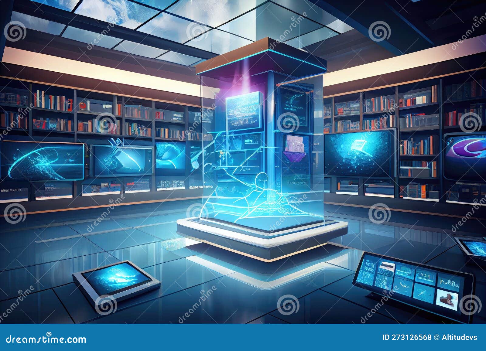 Futuristic Library Data Center with Illuminated Floors and Walls ...