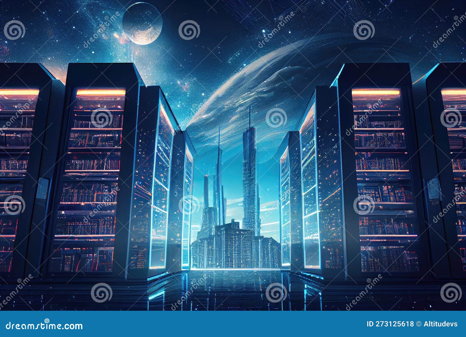 Futuristic Library Data Center, with Rows of Servers and High-tech ...
