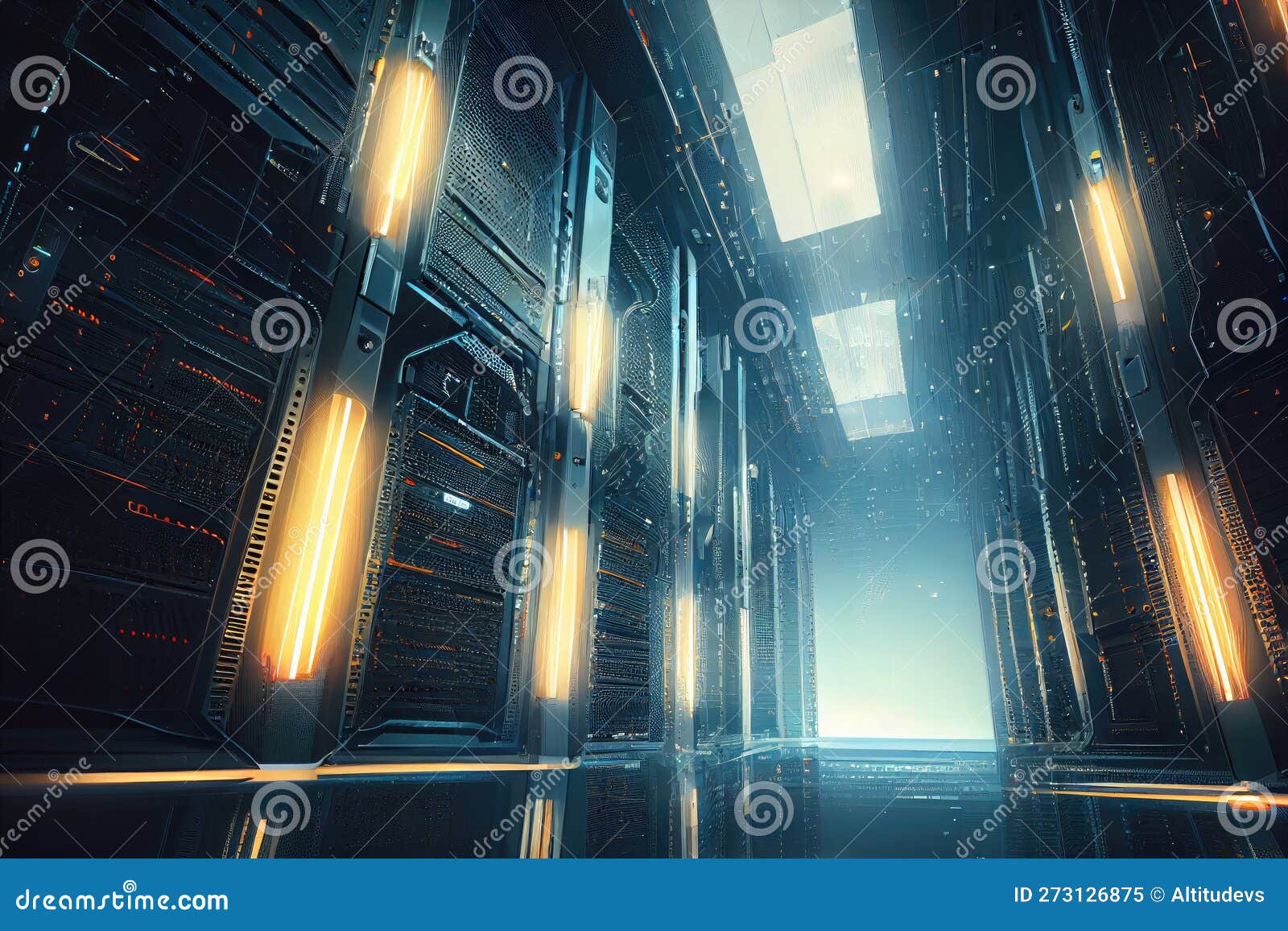 Futuristic Library Data Center, with Rows of Servers and Racks of ...