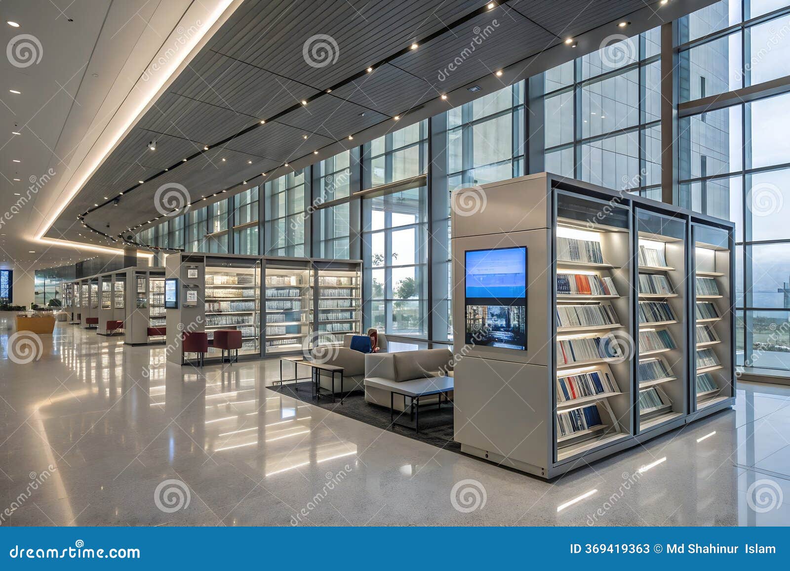 Futuristic Library With Towering Data Center And Glass Exterior Stock ...