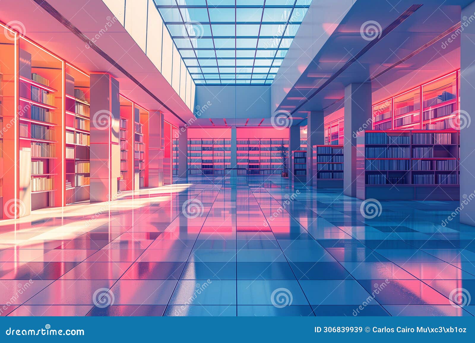 Futuristic Library Interior with Neon Lighting Stock Illustration ...