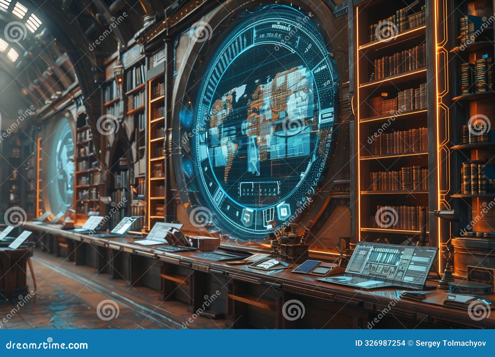 Futuristic Library Interior with World Map Display and Workstations ...