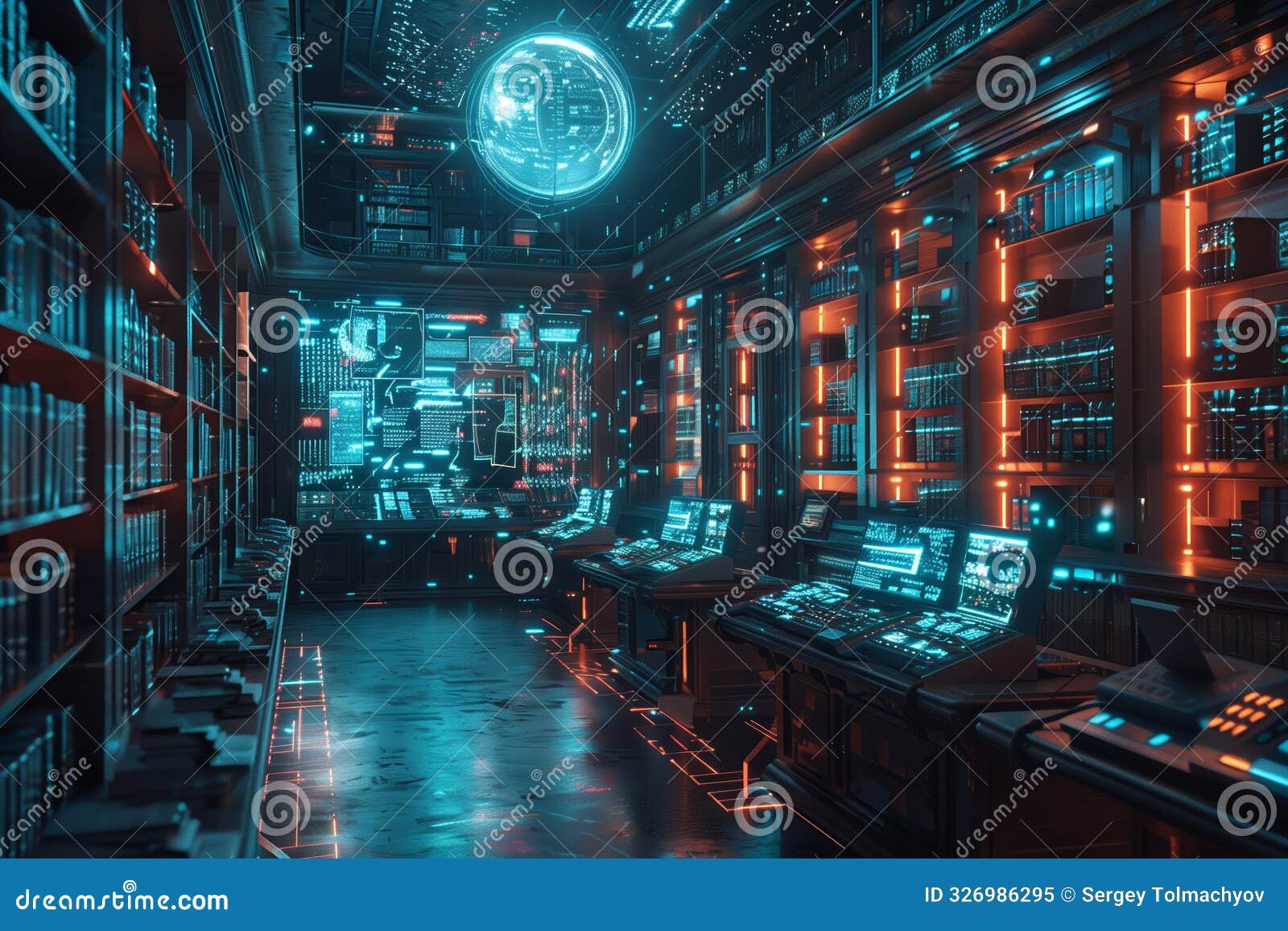 Futuristic Library with Digital Control Panels and a Glowing Orb Stock ...