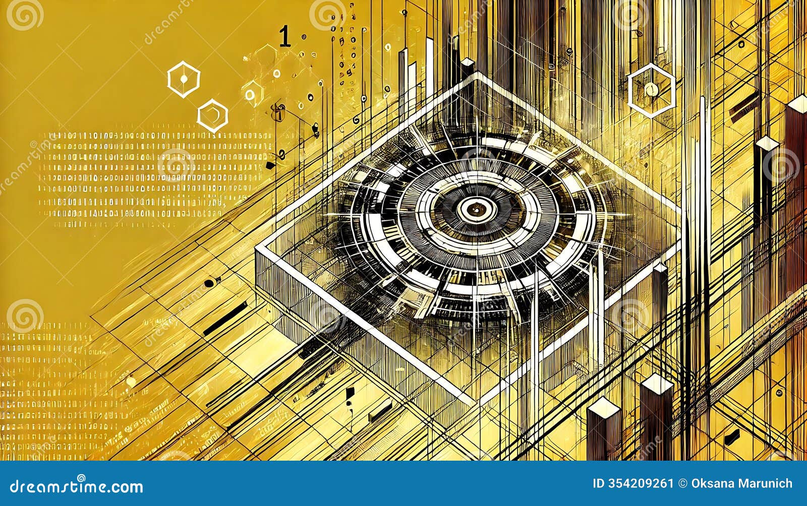 Futuristic Line Art of Digital Clock Displaying Binary Code, Layered on Yellow Abstract ...