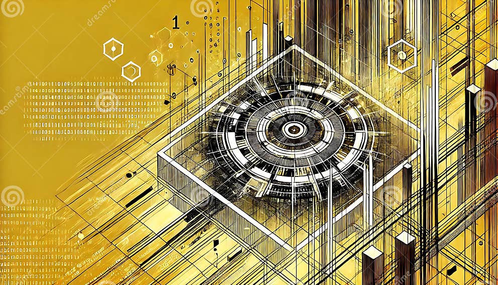 Futuristic Line Art of Digital Clock Displaying Binary Code, Layered on Yellow Abstract ...