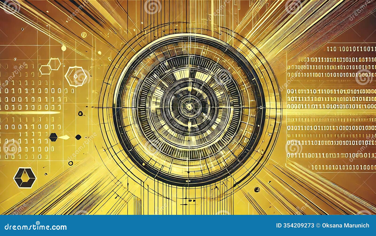 Futuristic Line Art of Digital Clock Displaying Binary Code, Layered on Yellow Abstract ...