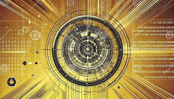 Futuristic Line Art of Digital Clock Displaying Binary Code, Layered on Yellow Abstract ...