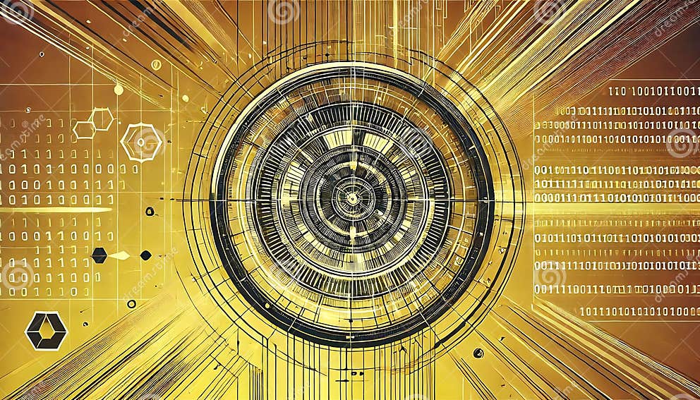 Futuristic Line Art of Digital Clock Displaying Binary Code, Layered on Yellow Abstract ...