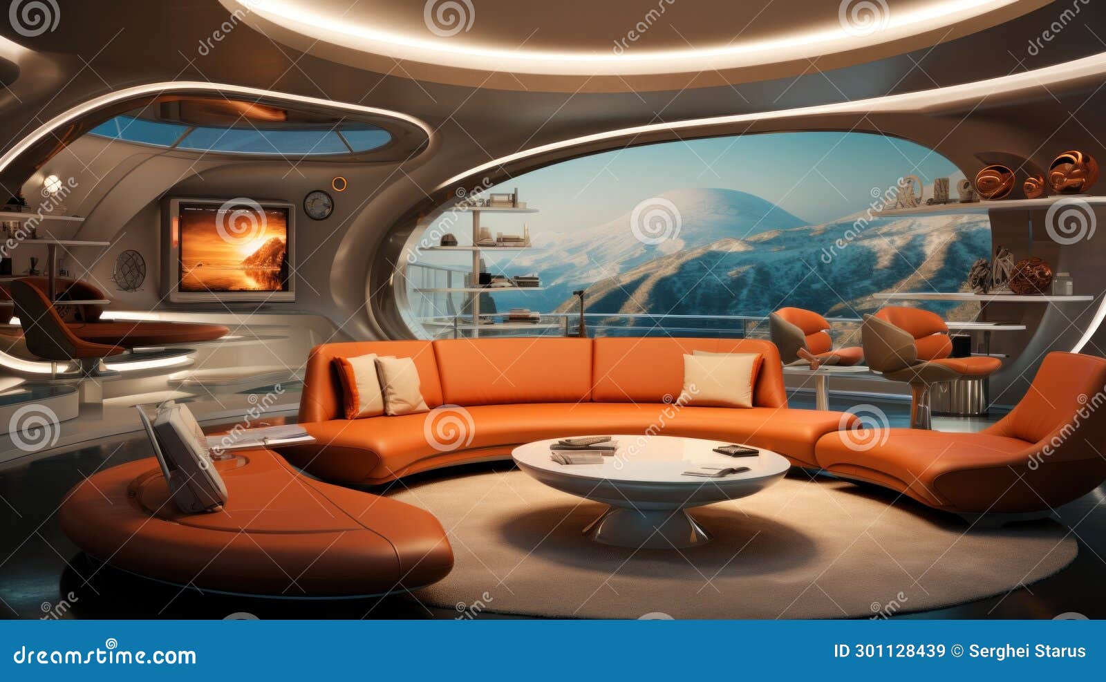 A Futuristic Living Room with a Round Couch and Coffee Table, AI Stock ...