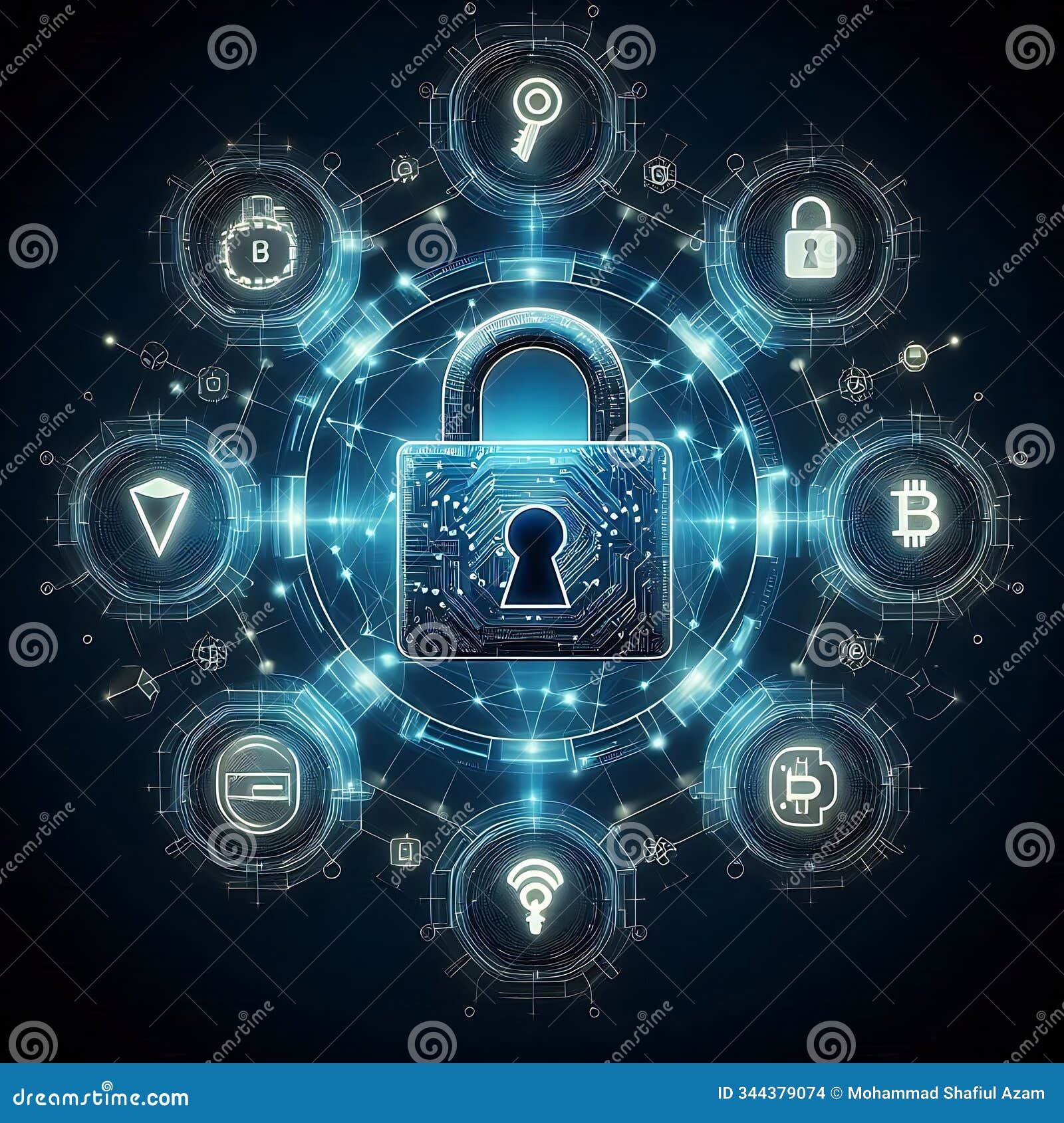 Futuristic Lock and Key with Blockchain Icons for Data Security Stock ...
