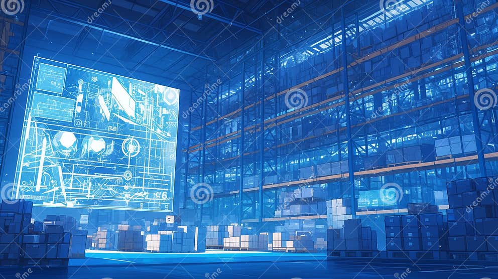 Futuristic Logistics Warehouse with Digital Interface Blueprint Stock ...