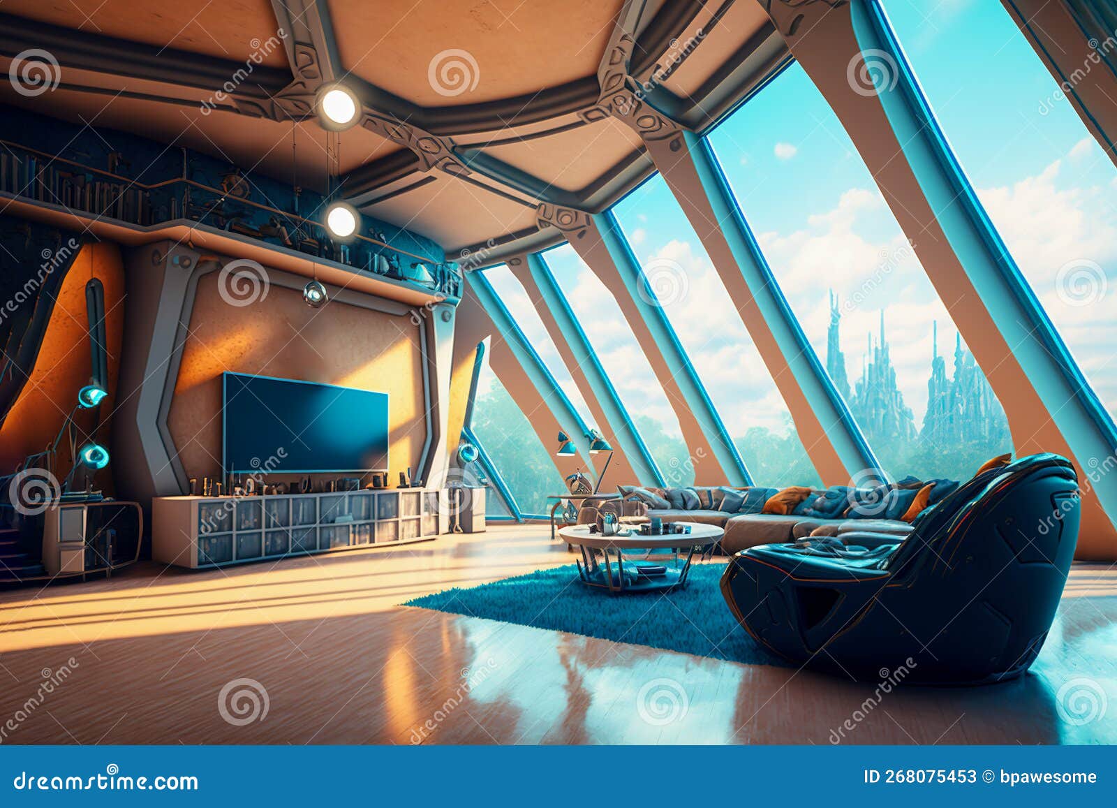 A Futuristic Look of a Large Living Room with Huge Windows, Generative ...