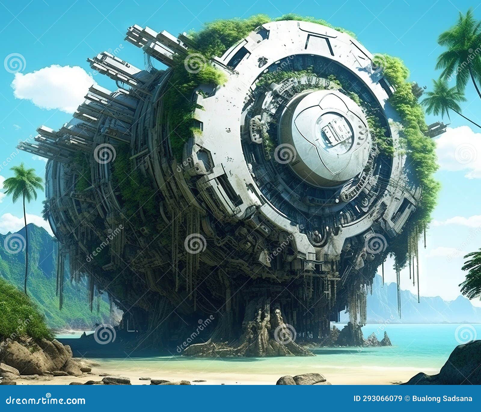 Futuristic Looking at a Giant Ancient Engine Covered with Leaves. Stock ...