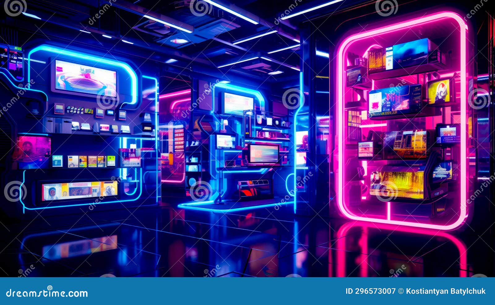 Futuristic Looking Room with Neon Lights and Lot of Computers on the ...