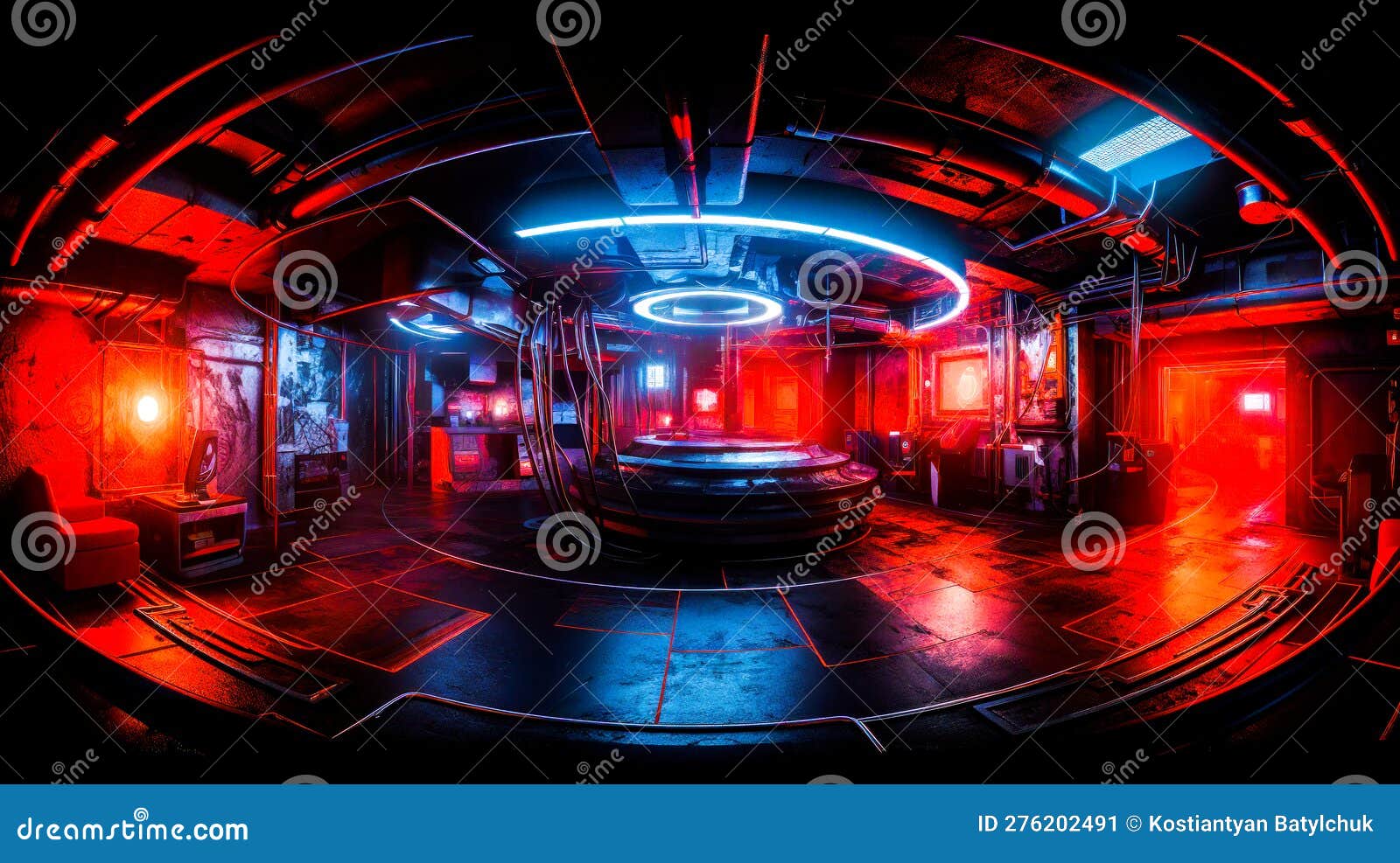 Futuristic Looking Room with Red and Blue Lights and Circular Light ...