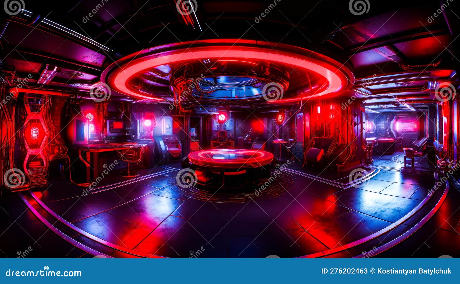 Futuristic Looking Room with Round Table and Red Lights on the Ceiling ...