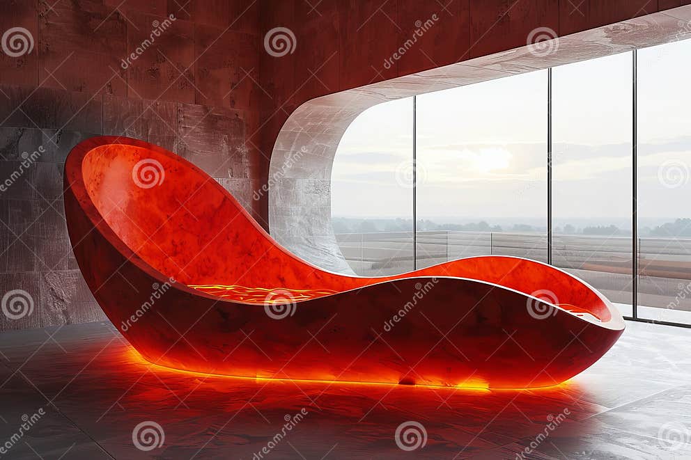 Futuristic Lounge Chair with Red Lighting and a Panoramic Window View ...