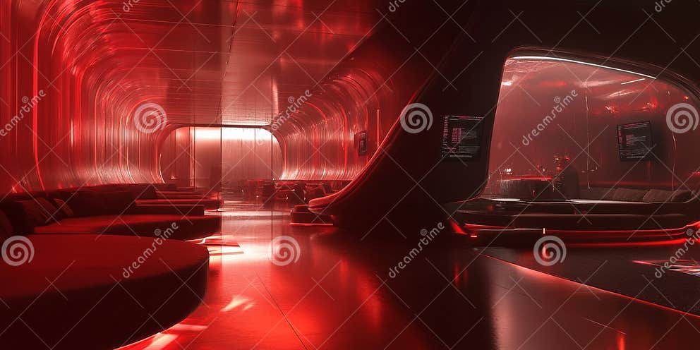 A Futuristic Lounge in Deep Red Tones with Translucent Walls, Embedded ...