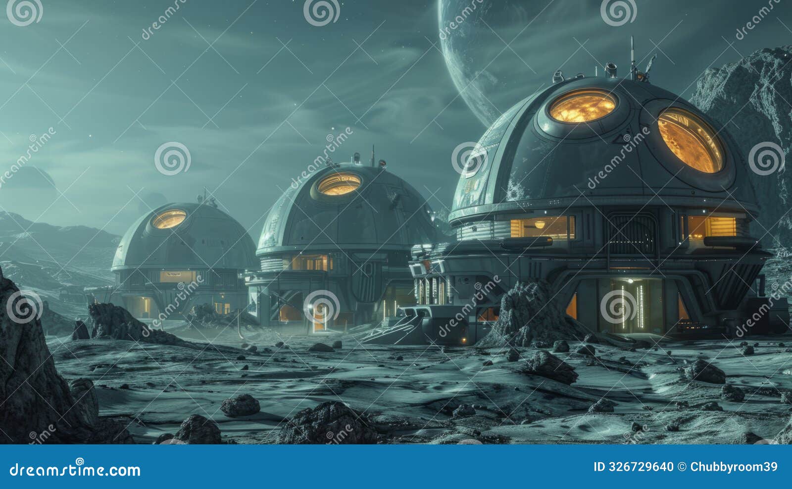 Futuristic Lunar Base with Domed Structures on a Rocky Moon Surface ...