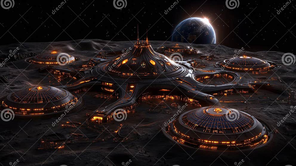 Futuristic Lunar Bases with Glowing Structures Stock Photo - Image of ...