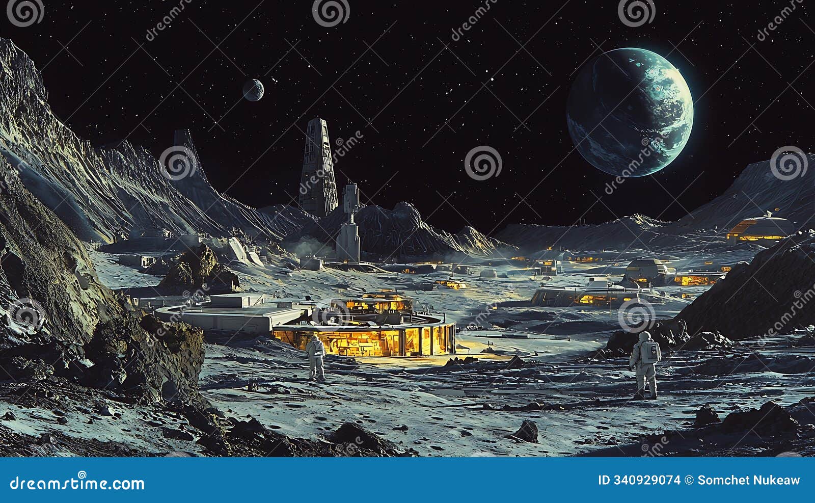 Futuristic Lunar Colony with Earth Visible in the Background Stock ...