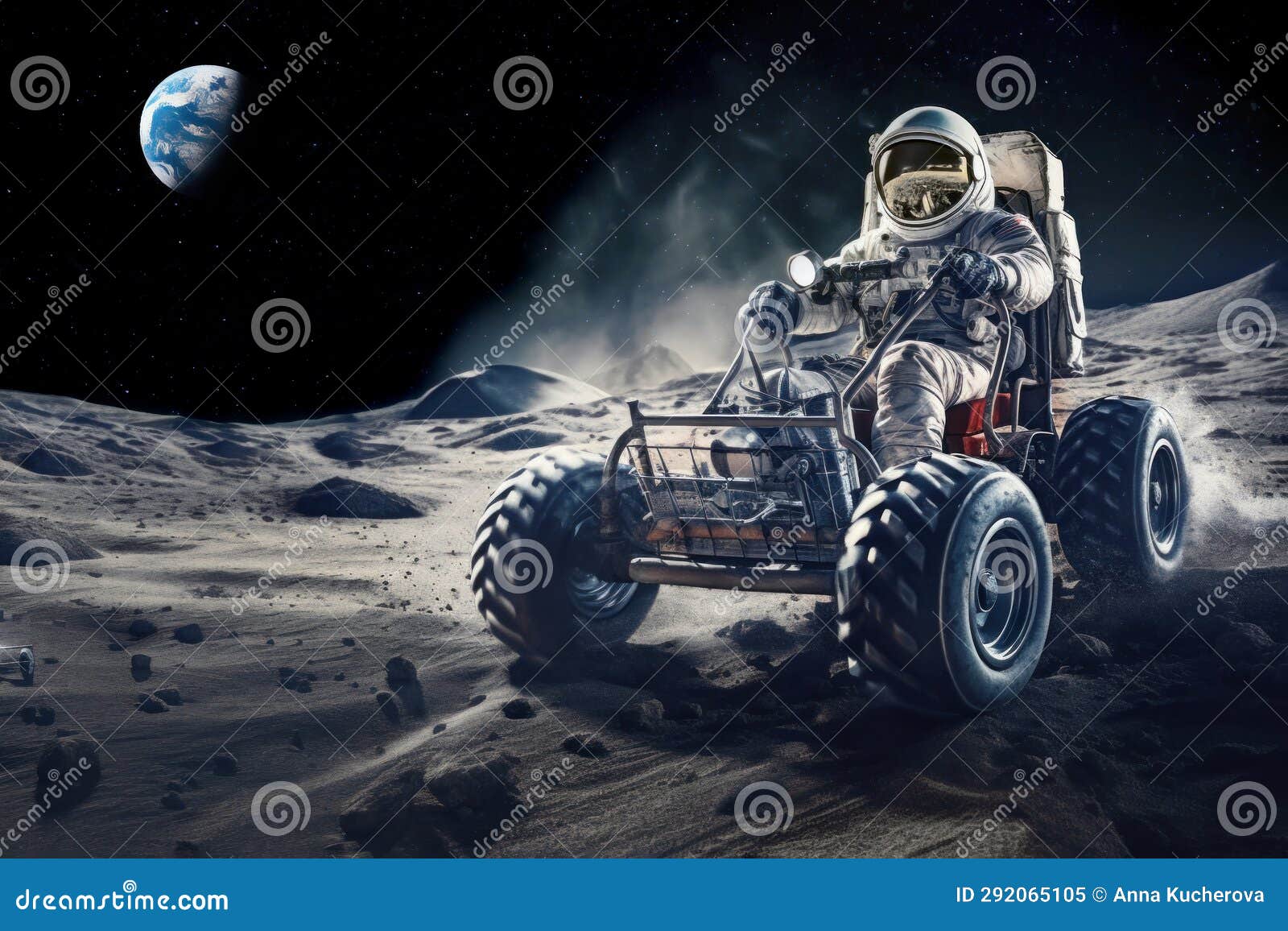 Astronaut Navigating the Moon S Surface in a Lunar Buggy with Earth ...