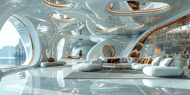 Futuristic Luxury Interior with Reflective Surfaces and Panoramic Views ...
