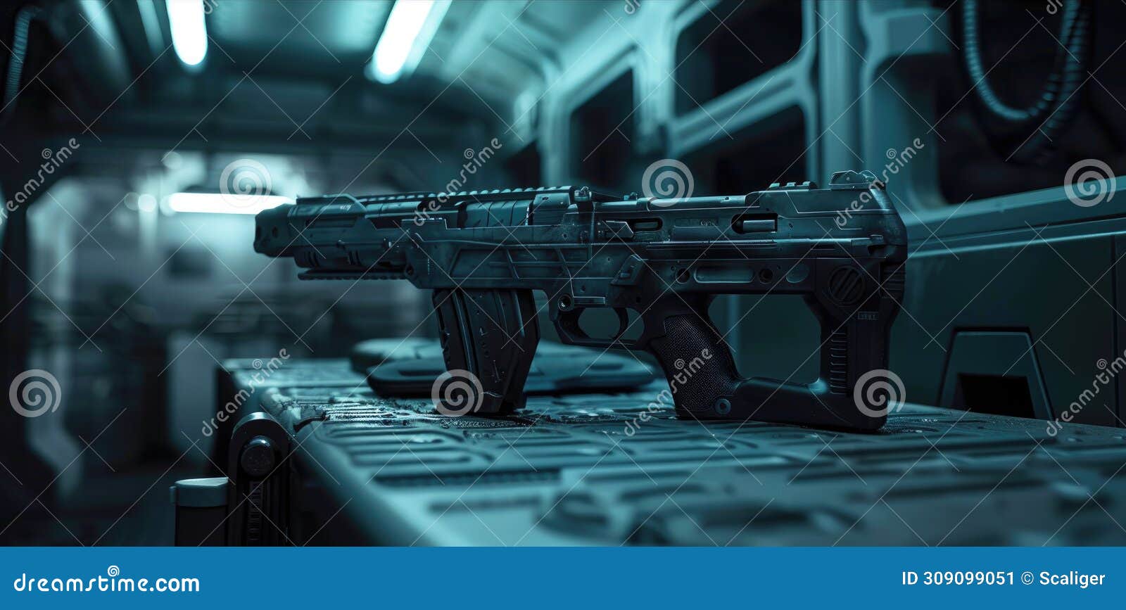 Futuristic Machine Gun on Metal Table Inside Spaceship, Alien Weapon in ...