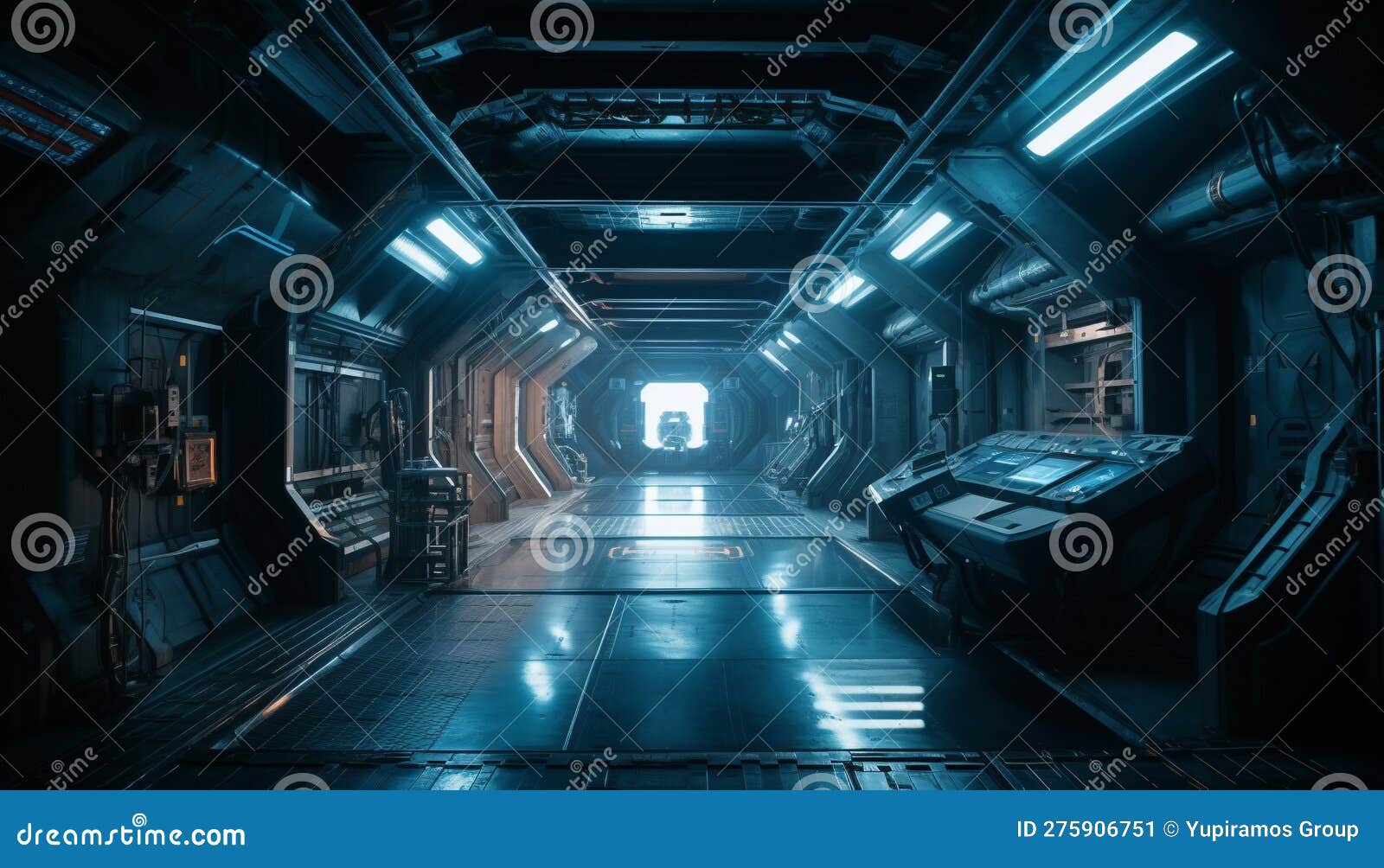 Futuristic Machinery Illuminates Dim Modern Laboratory Corridor ...