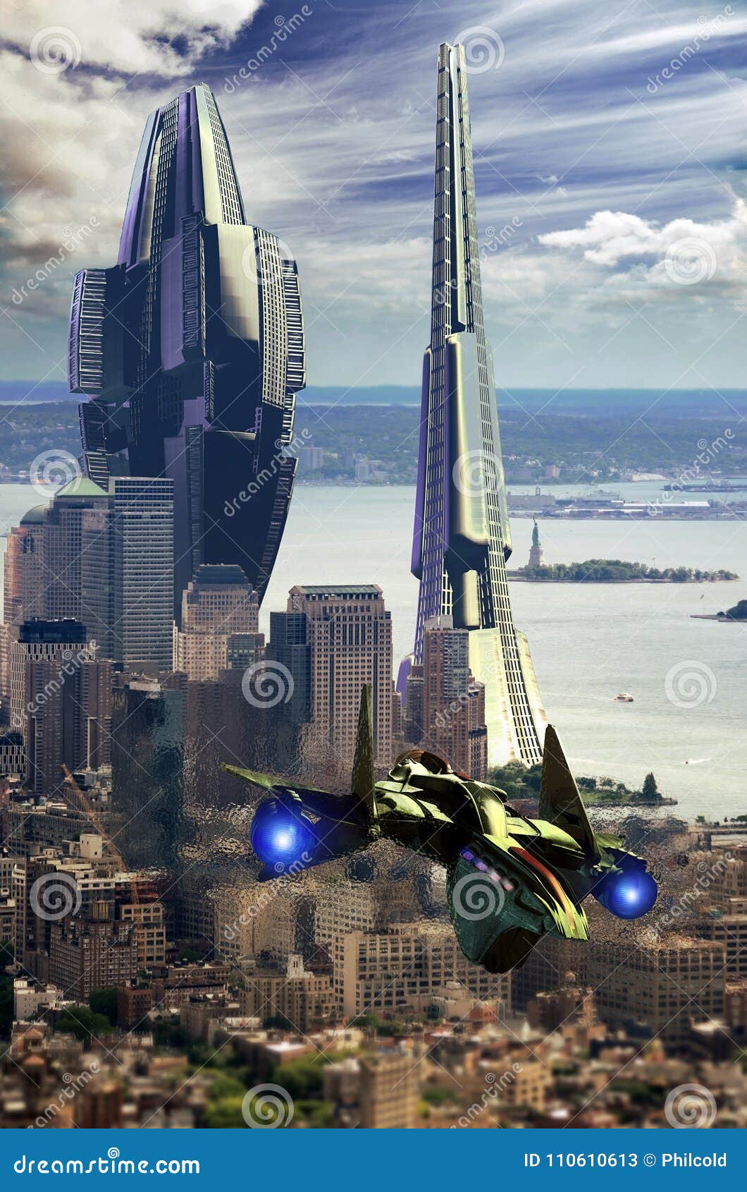 Futuristic Manhattan Architecture and Vehicle Stock Illustration ...