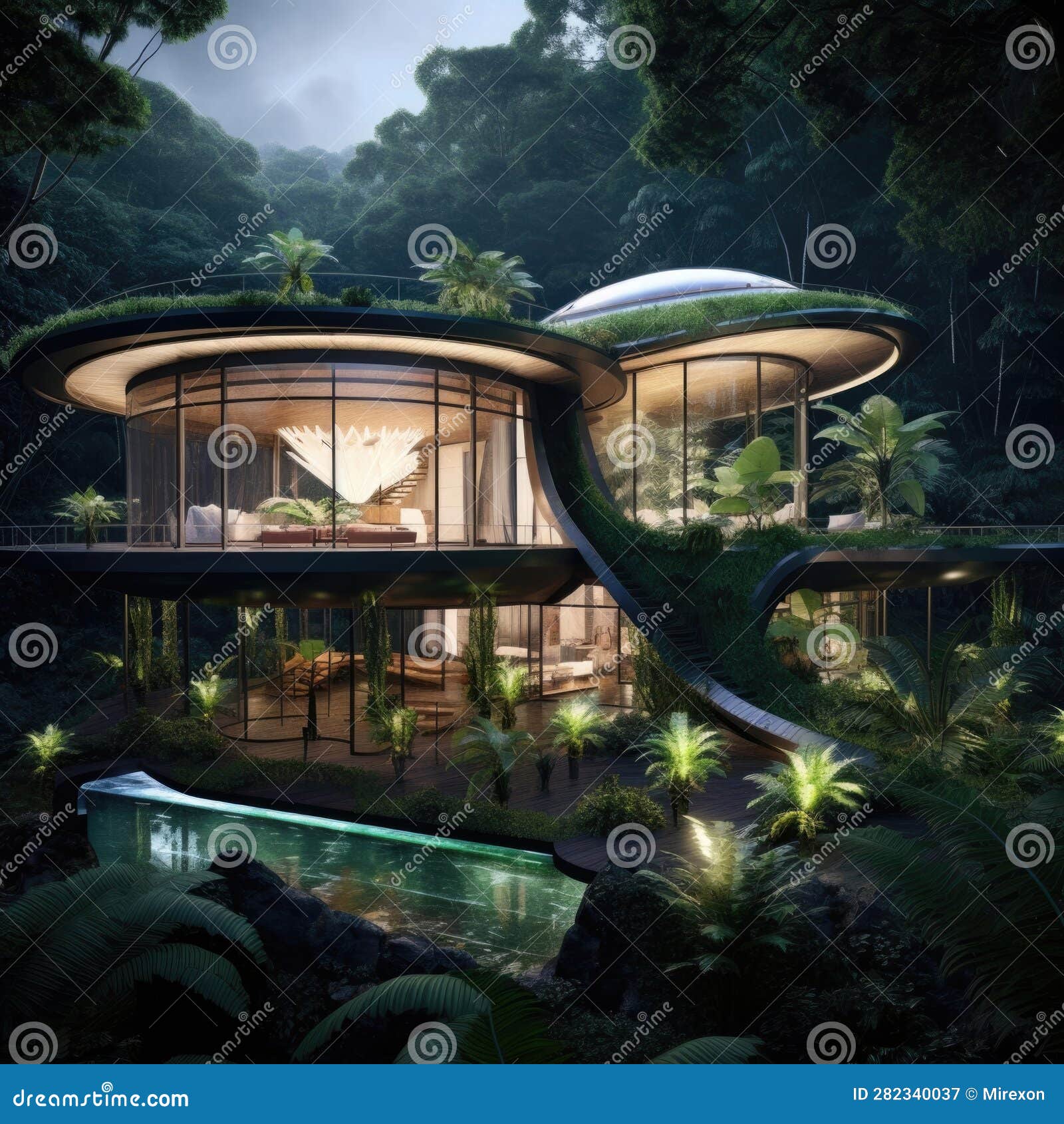 Futuristic Mansion Built in the Rainforest among, the Mountains Stock ...