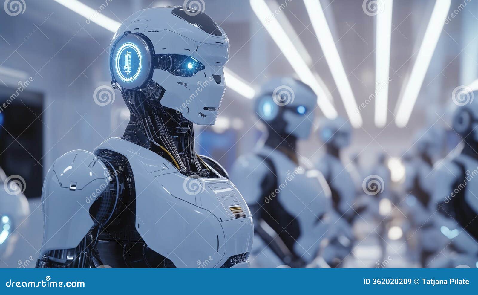 Humanoid Robots Working On Assembly Line Near Conveyor Bolt Cartoon ...