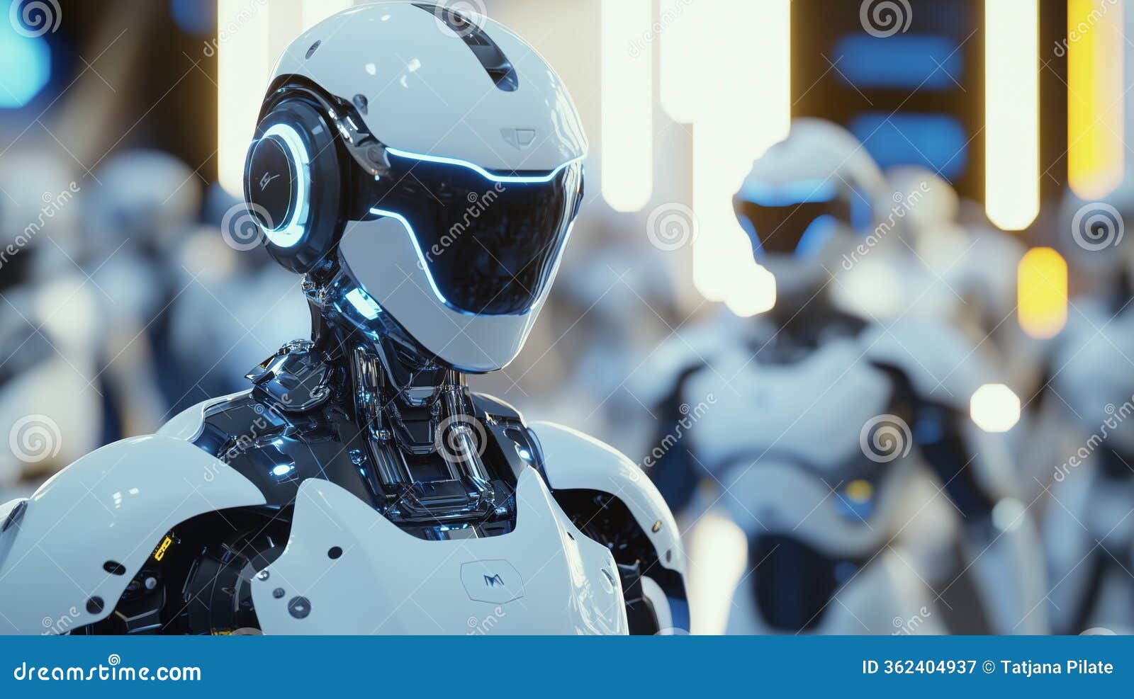 Humanoid Robots Working On Assembly Line Near Conveyor Bolt Cartoon ...