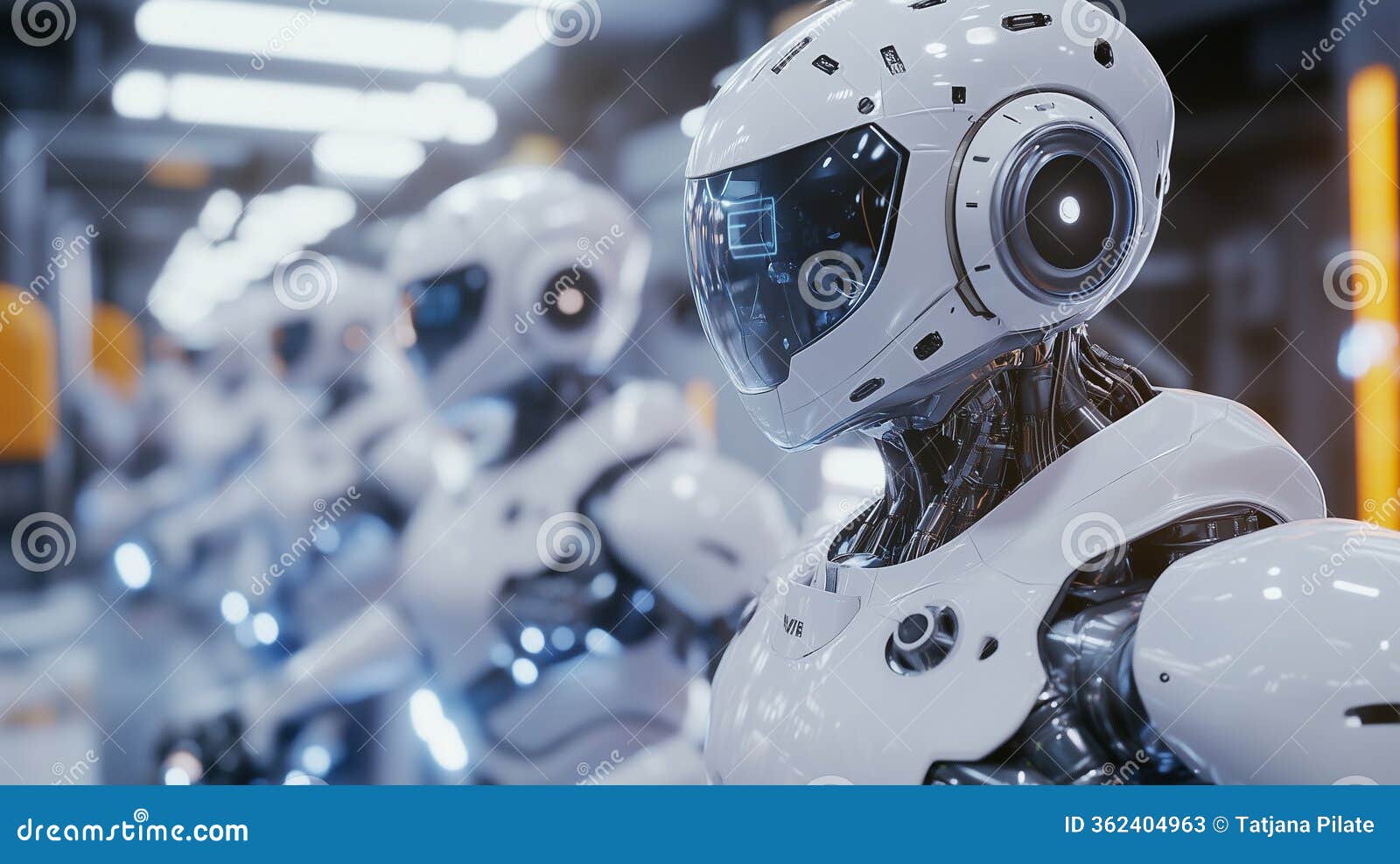 Humanoid Robots Working On Assembly Line Near Conveyor Bolt Cartoon ...