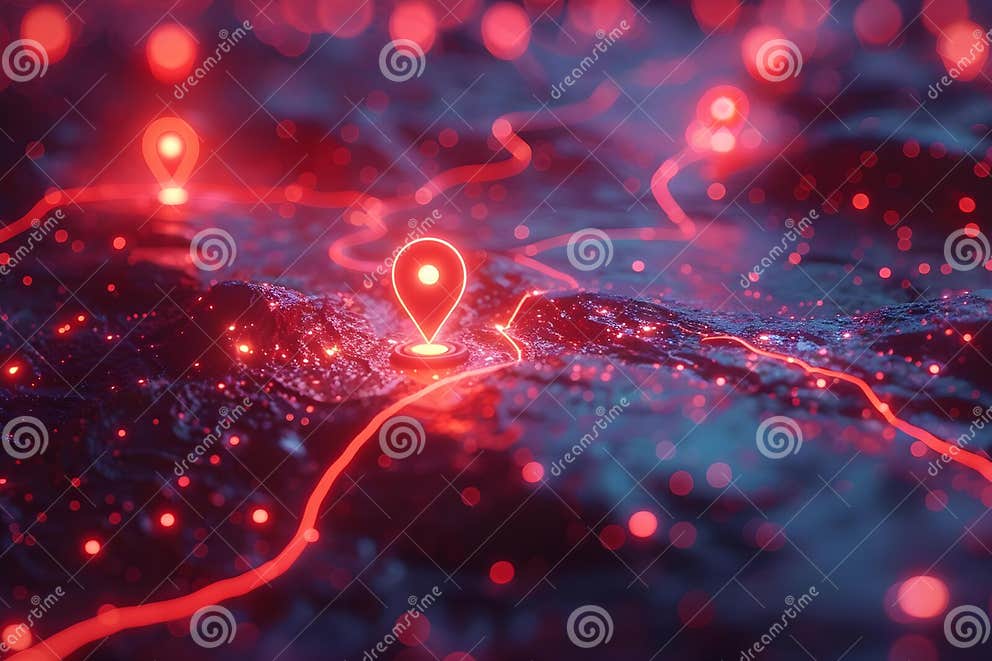 Futuristic Map with Glowing Red Pins on Dark Terrain. Concept ...
