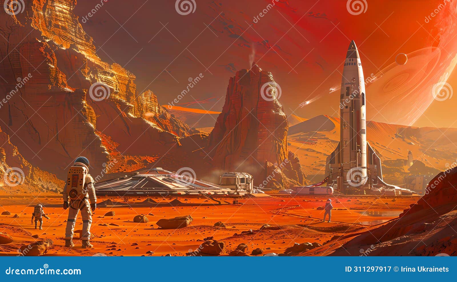 Futuristic Mars Colony with Astronauts Exploring Red Planet. Sci-fi ...
