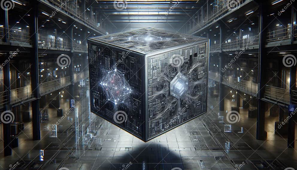 A Futuristic Vision of Artificial Intelligence, a Massive Metallic Cube Suspended in an Ethereal ...