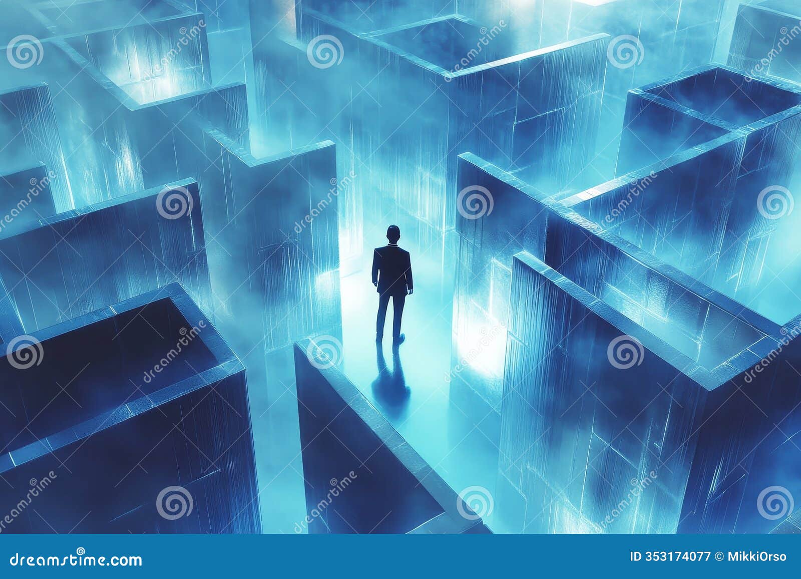 Futuristic Maze with Reflective Paths a Contemplative Figure Faces ...