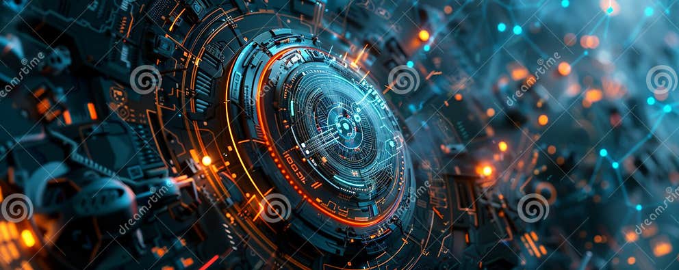 A Futuristic Mechanical Background with Digital Interfaces, Robotic ...