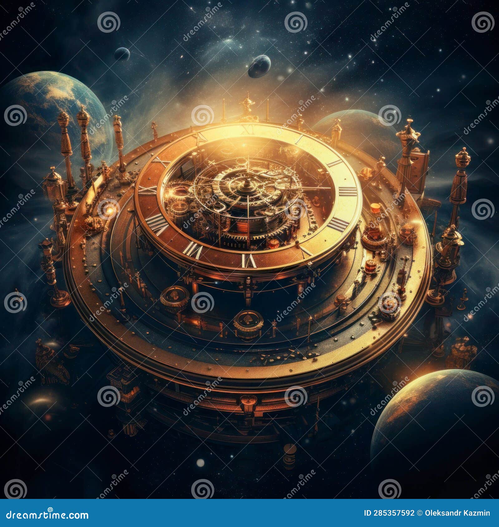 Futuristic Mechanical Clock Controlling the Universe Stock Illustration ...