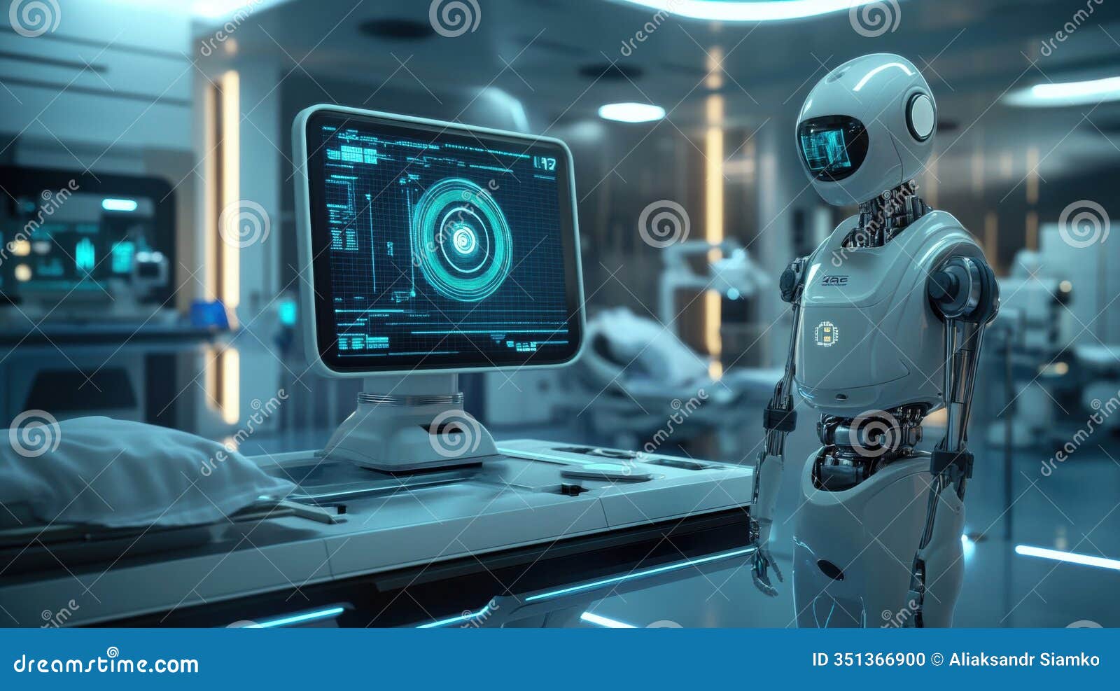 Futuristic Medical Robot Analyzing Data on a High-tech Screen Stock ... Futuristic Medical Robot Analyzing Data on a High-tech Screen Stock ...