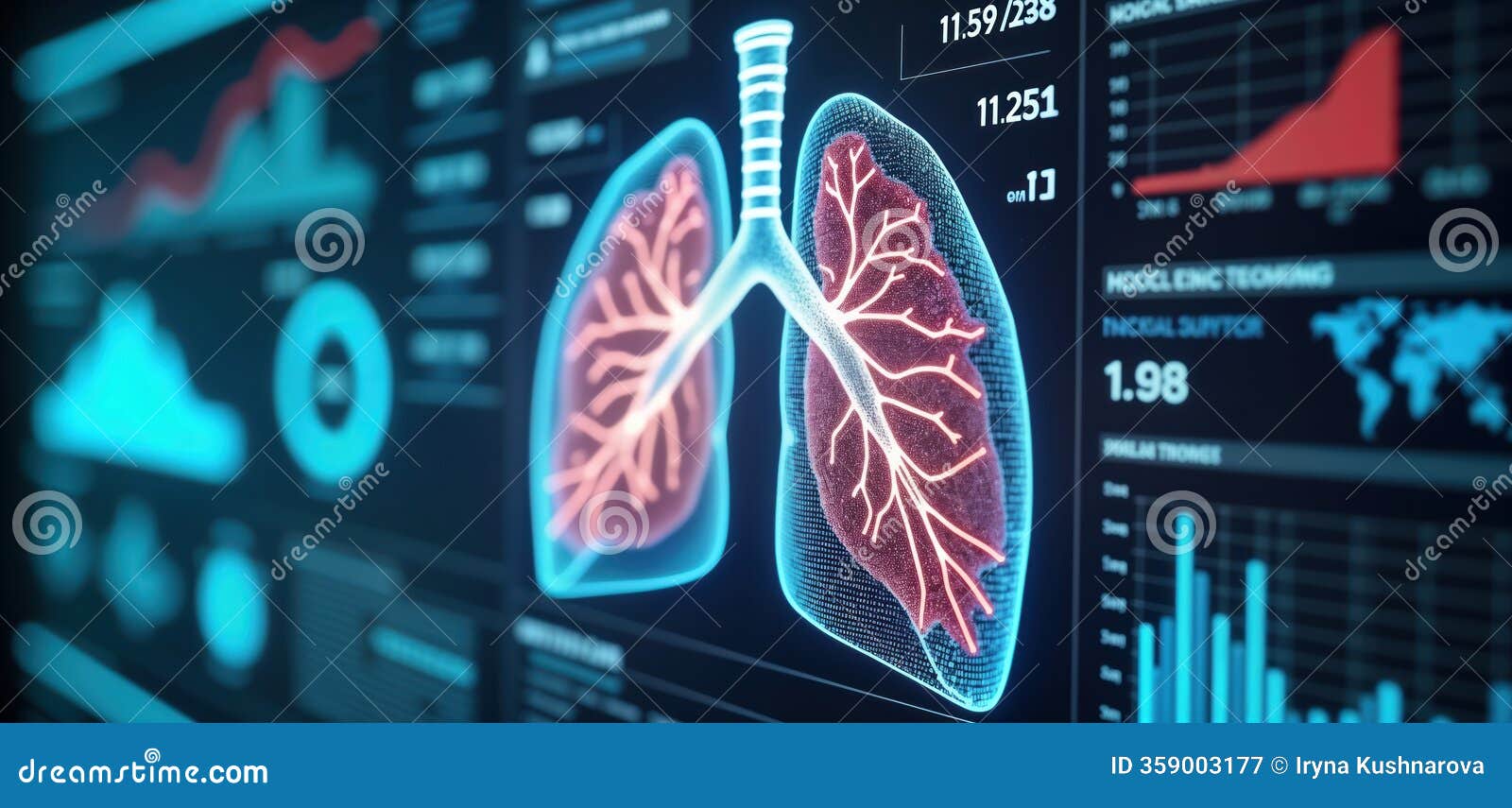 Futuristic Medical Screen Shows 3D Model of Lungs. Virtual Diagnostic ...