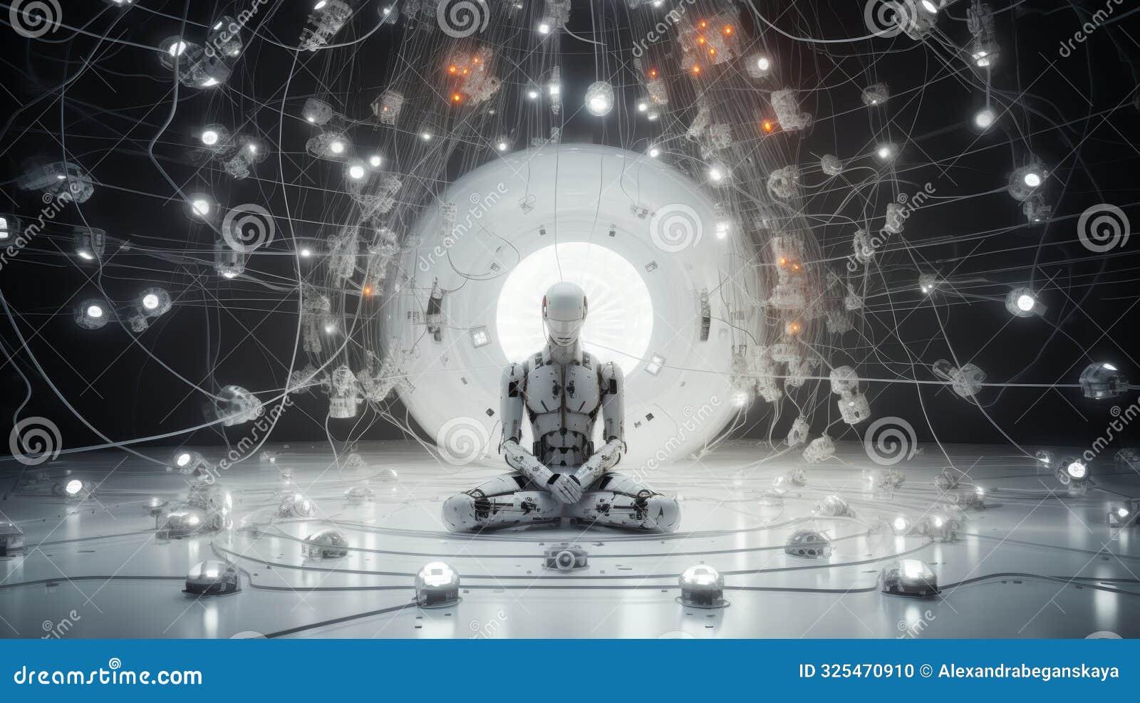 Futuristic Meditation with Humanoid Robot in a High-Tech Environment ...