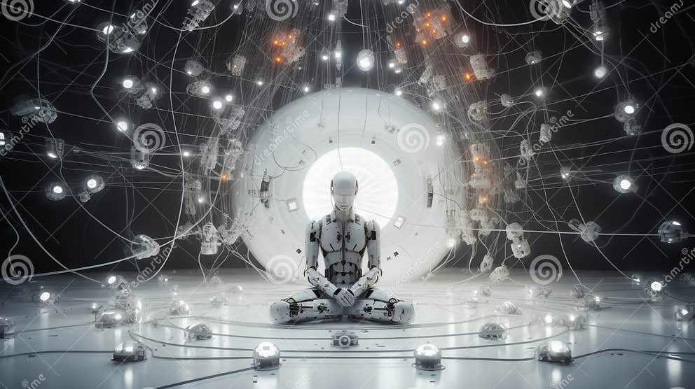 Futuristic Meditation with Humanoid Robot in a High-Tech Environment ...